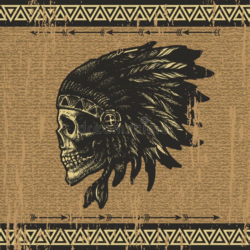 Skull Indian Chief Hand Drawing Style Stock Vector - Illustration of ...