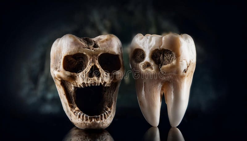 Skull-like Teeth with Cavities and Decay in a Dark, Haunting Background ...