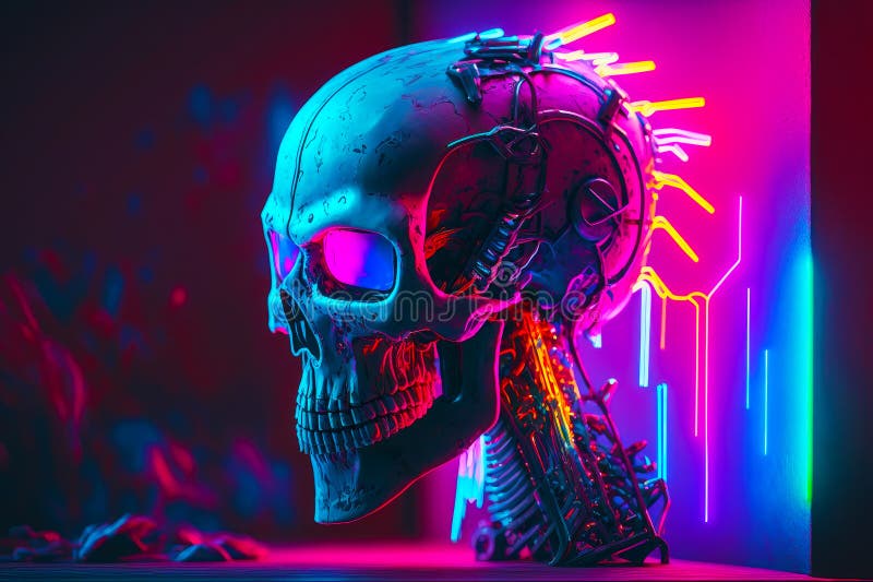 Skull with Neon Lights on it& X27;s Head in Dark Room. Generative AI ...