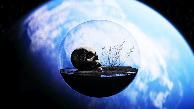 Skull in Outer Space in Glass Sphere. Apocalypse Concept. 3d Rendering ...