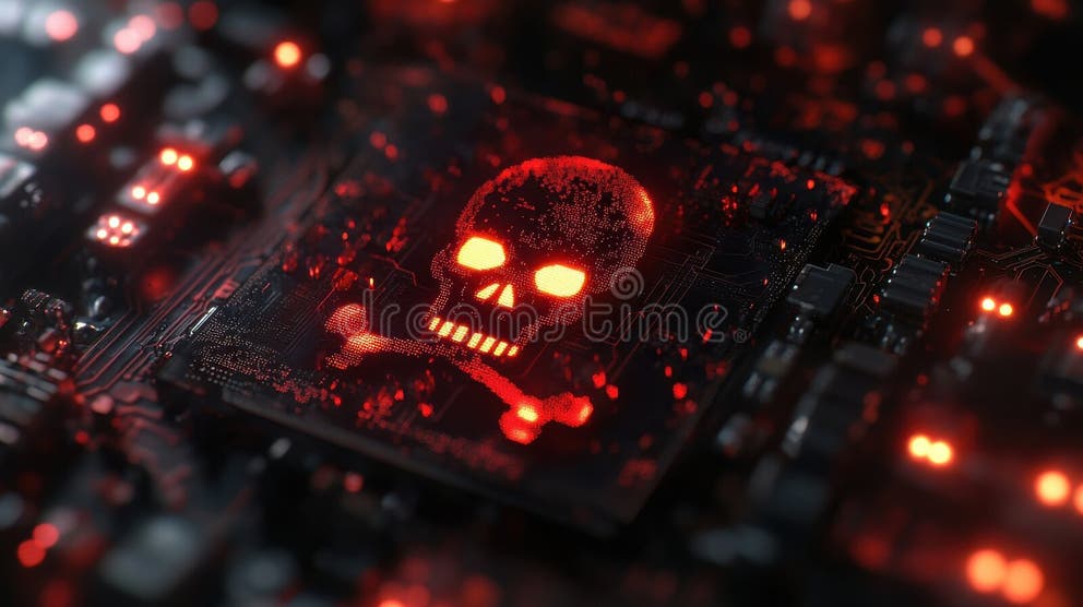 A Skull with a Red Cross on it is Displayed on a Computer Screen Stock ...