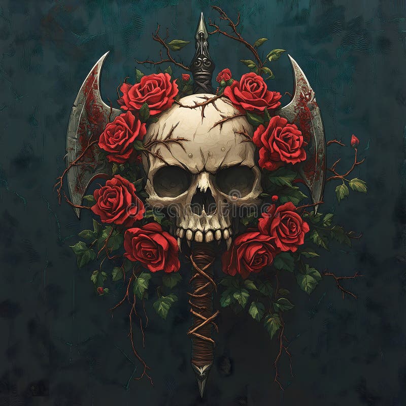 Skull with Roses and Axe stock illustration. Illustration of dark ...