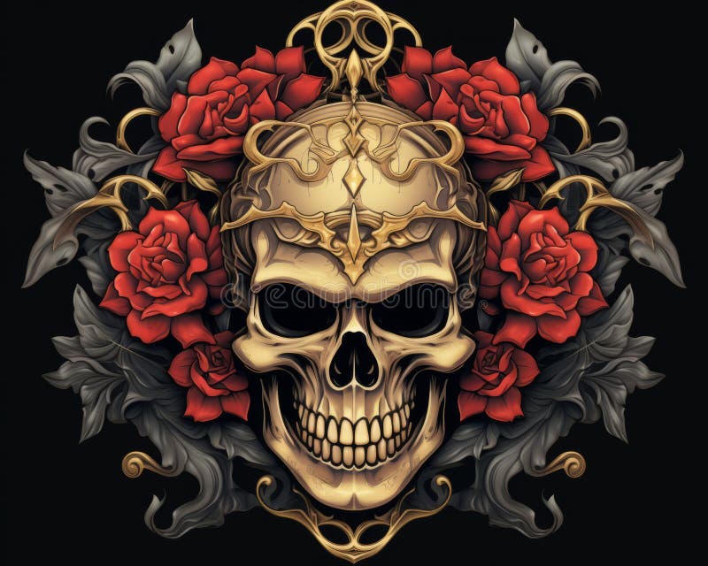 Skull and Roses on a Black Background Stock Illustration - Illustration ...