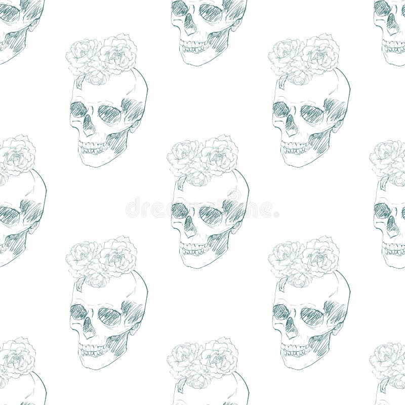 Skull Sketch Pattern Seamless. Skeleton Head Background. Vector Texture ...