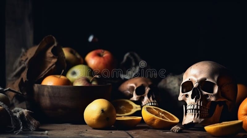 A Skull and Spoiled Fruit Lay on the Table. AI Generated Stock ...