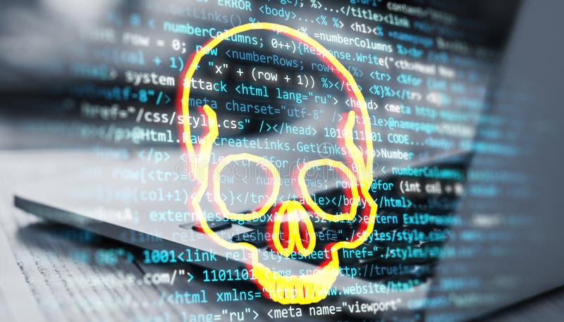 Skull Symbol Overlaying Computer Code on Screen, Indicating ...