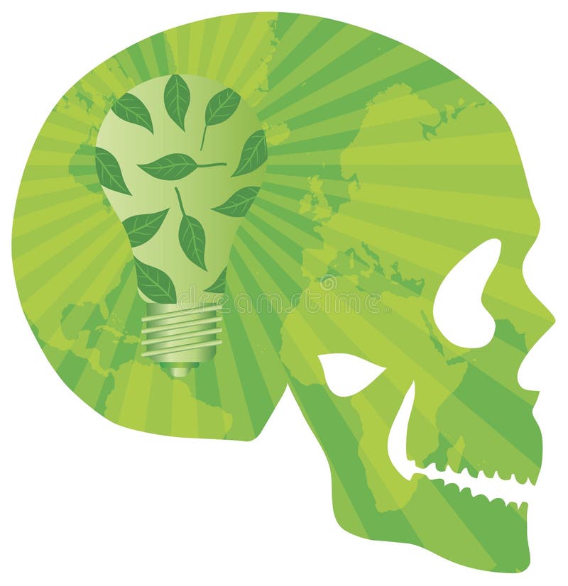 Skull Think Green with Lightbulb Illustration Stock Vector ...