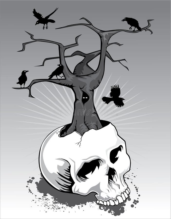 Skull with Tree and Crows stock vector. Illustration of death - 16235783