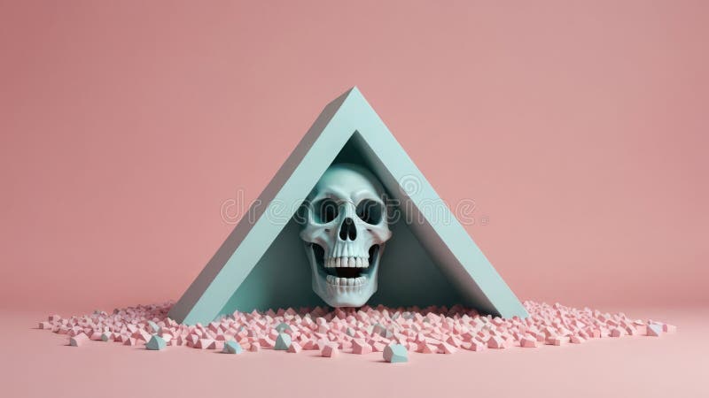 Skull Under a Geometric Structure with Pastel Elements on a Pink ...