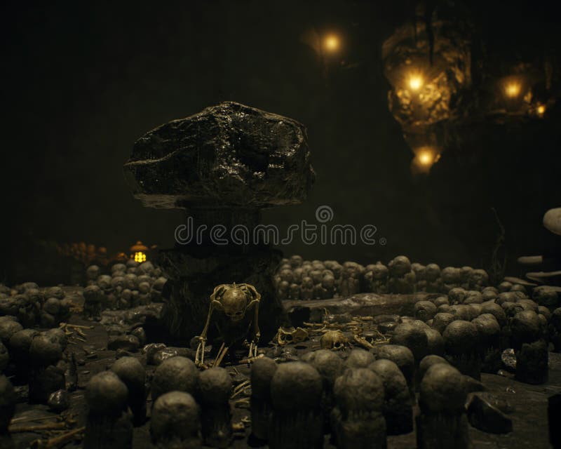 Skulls and Bones in an Ancient Dark Mysterious Fantasy Cave. Stock ...