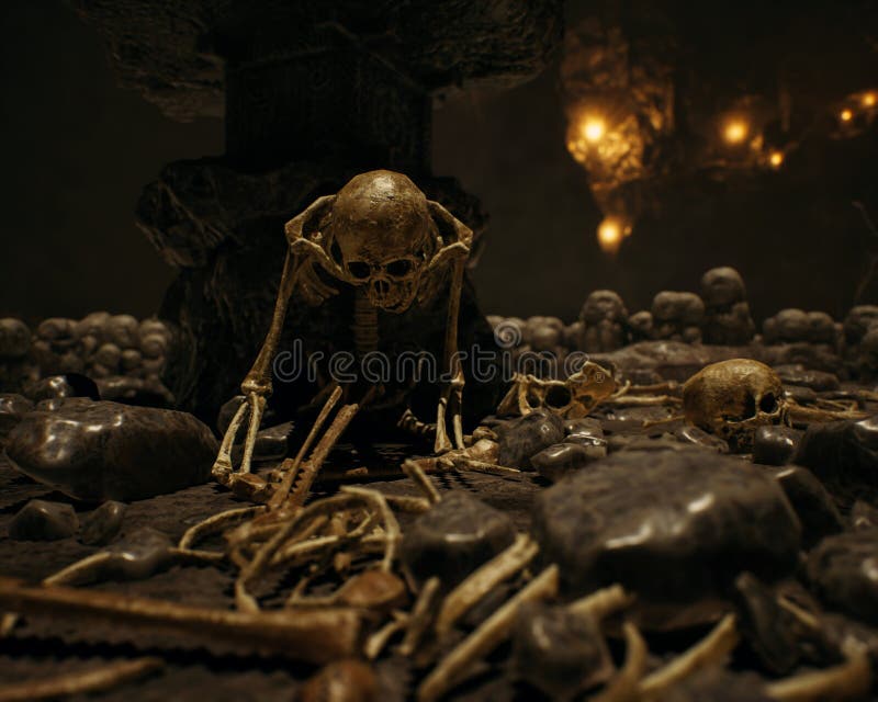 Skulls and Bones in an Ancient Dark Mysterious Fantasy Cave. Stock ...