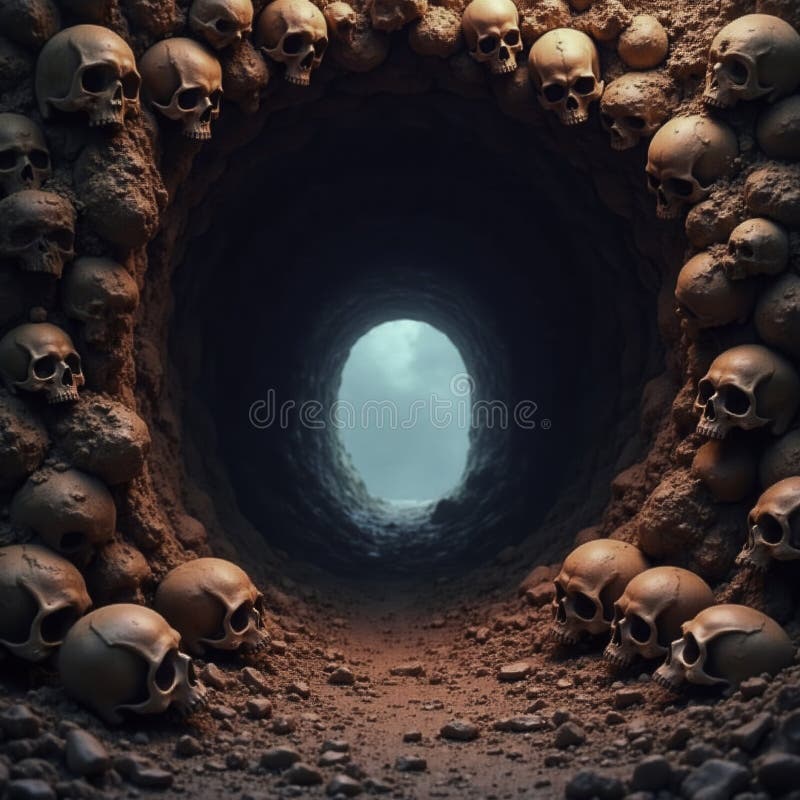 Skulls and Bones Forming a Barrier Across the Tunnel Opening, Eerie ...
