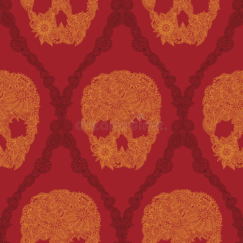 Skulls Damask Seamless Pattern Stock Vector - Illustration of flower ...