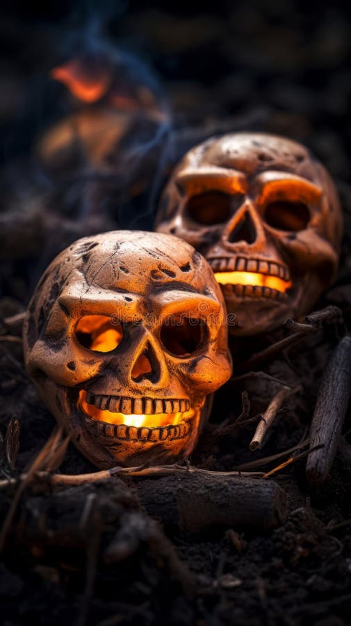 Skulls with Glowing Eyes on a Campfire Stock Illustration ...