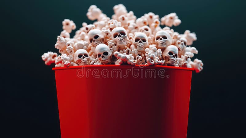 Skulls Mixed with Popcorn in Red Container on Dark Background Stock ...