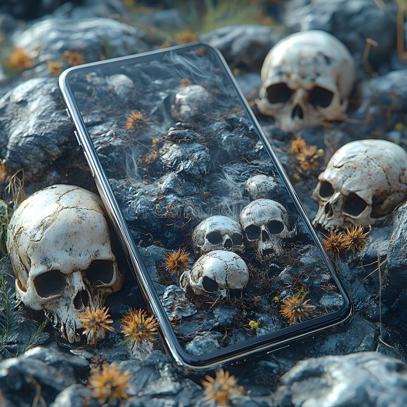 Skulls on a Phone Screen stock illustration. Illustration of bones ...