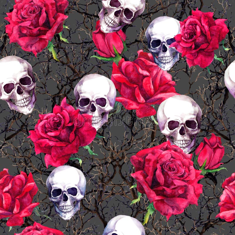 Human Skulls with Rose Flowers, Branches. Seamless Border Frame ...