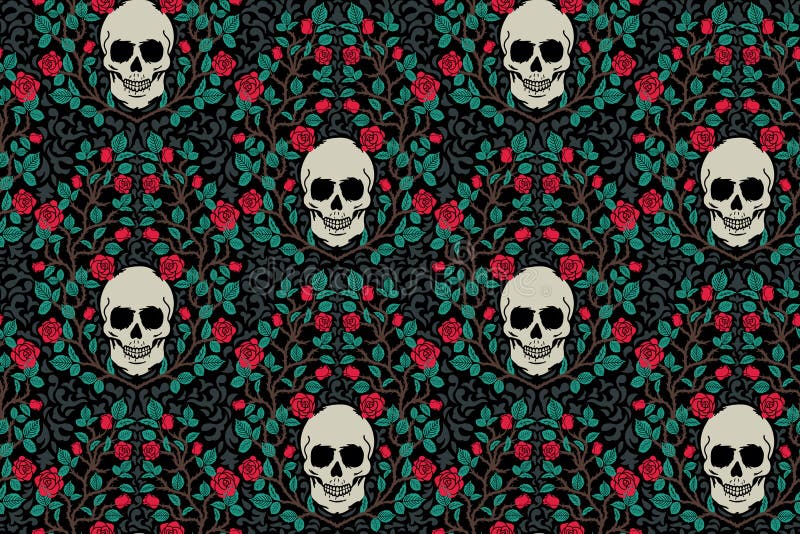 Skulls and Rose Flowers Goth Seamless Pattern Stock Illustration ...
