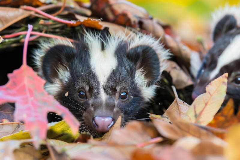 Skunk Cautiously Poking Its Head Out of a Leafy Den Stock Image - Image ...