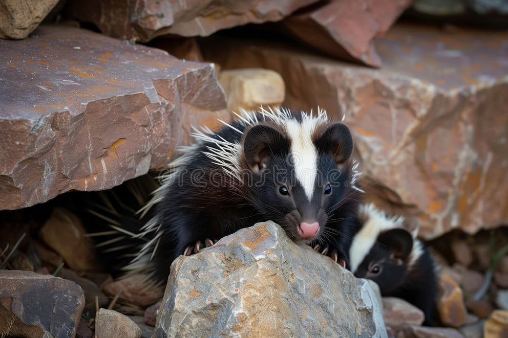 Skunk Emerging from Under a Rock Pile Stock Image - Image of skunk ...