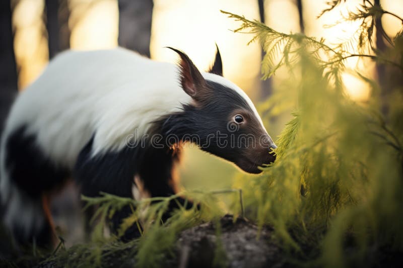 Skunk Foraging by a Bush with the Last Sunlight Stock Illustration ...