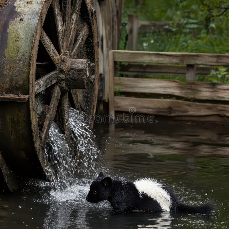 Skunk by a Water Wheel in Tranquility Stock Photo - Image of greenery ...