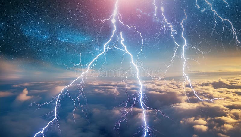 Sky, Abstract and Universe with Lightning in Clouds for Cosmic Storm ...