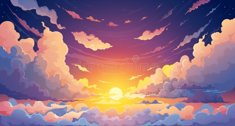 Sky Anime Sunset Background, Clouds and Sunset Sun Stock Vector ...