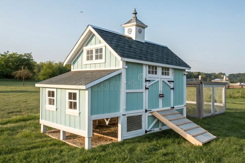 Sky-blue Chicken Coop with Raised Structure and Fenced-in Area in a ...