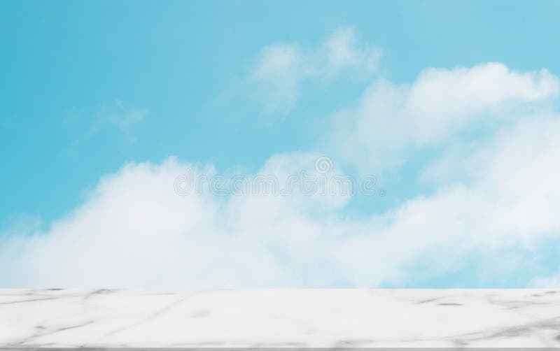.Sky Blue,Cloud Background Over Marble Texture Table Top,Display Glossy Marble Floor on Spring ...