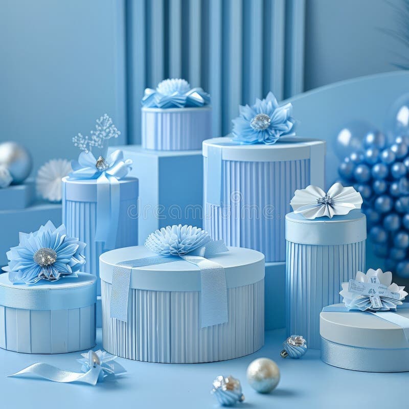 Sky Blue Gift Boxes with Elegant Ribbons and Decorations in Festive ...