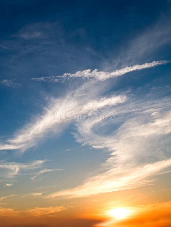 Sky with Cirrus Clouds and Bright Sunrise. Vertical Photo Stock Image ...
