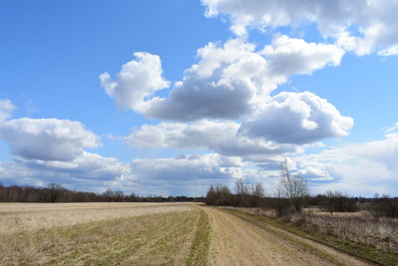 Sky, Clouds. Road through a Field of Grass. the Forest and the Trees ...