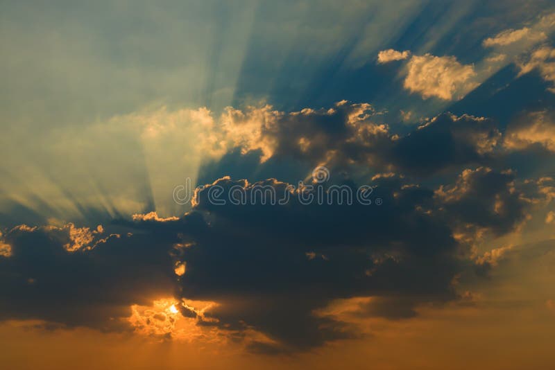 Sky with Clouds and Sun Rays at Sunset Stock Image - Image of blue ...