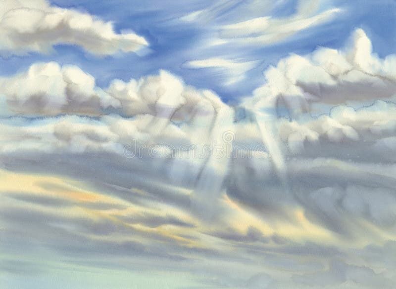 Sky with Clouds and Sun Rays Watercolor Background Stock Illustration ...
