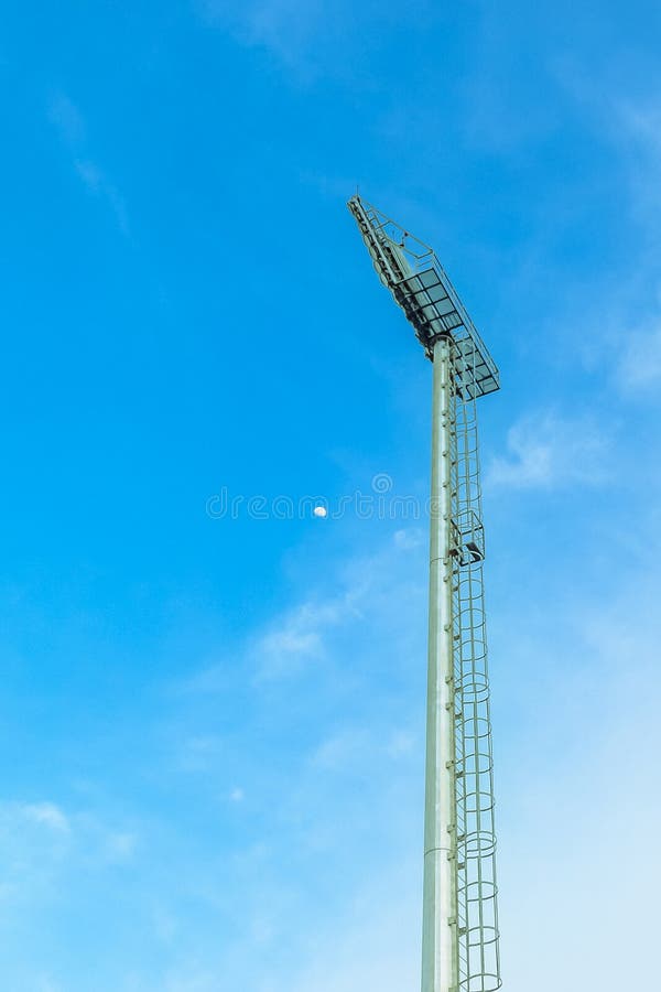 Sky Composition Spotlight Pole Under Blue Sky and Crescent Moon. Stock ...