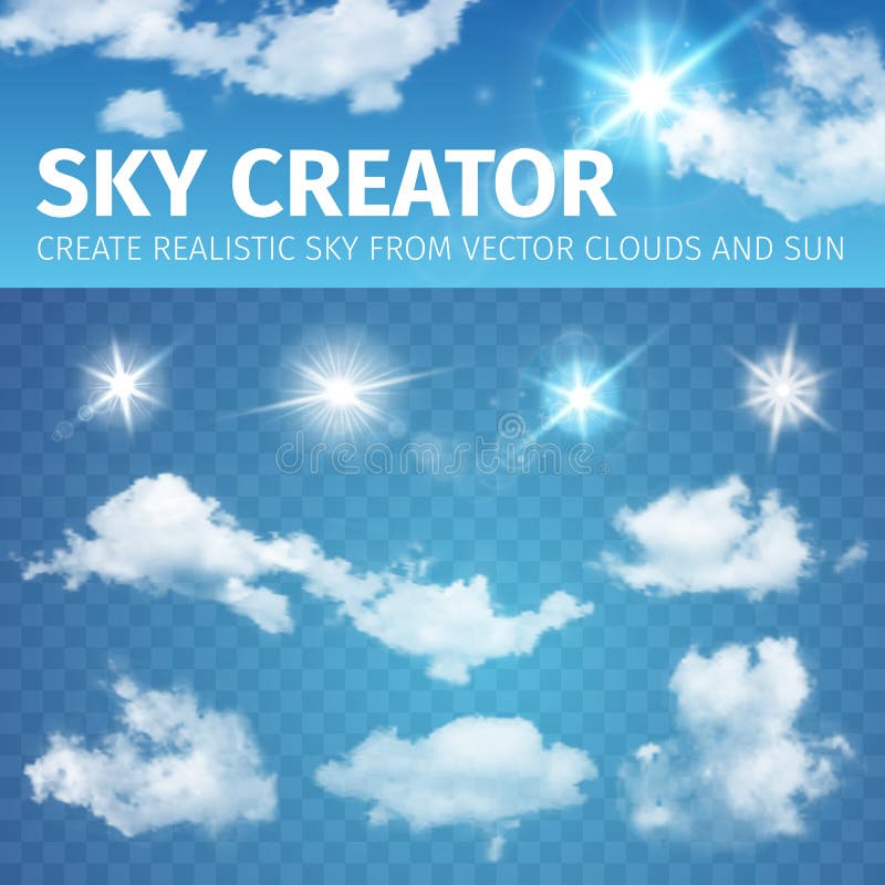 Sky Creator. Realistic Set of Clouds and Sun. Vector Design Elements ...