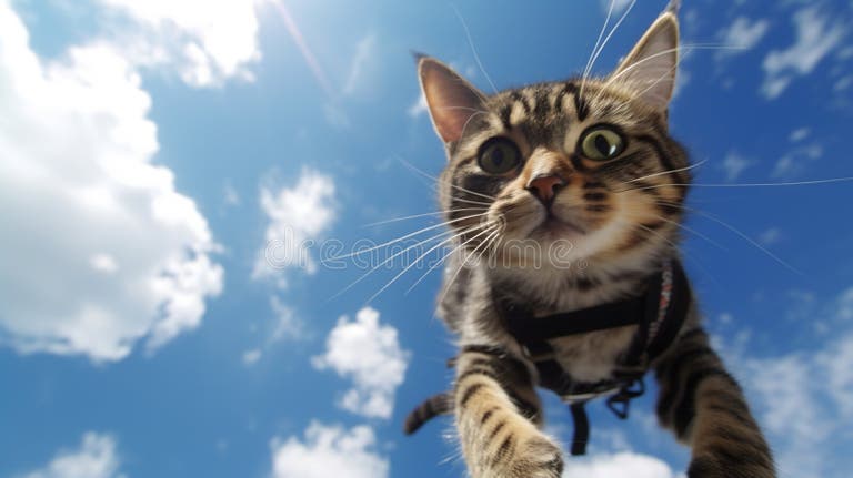 Sky Diver Cat Jumping Trough the Sky with Scary Expression. Ai ...