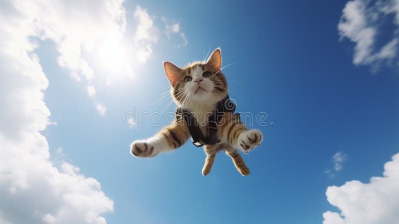 Sky Diver Cat Jumping Trough the Sky with Scary Expression. Generative ...