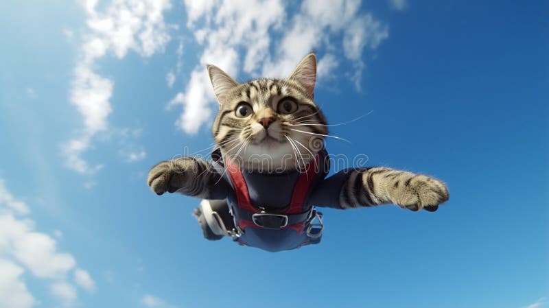 Sky Diver Cat Jumping Trough the Sky with Scary Expression. Generative ...