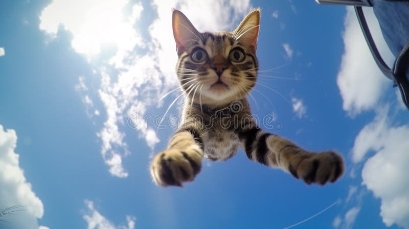 Sky Diver Cat Jumping Trough the Sky with Scary Expression. Generative ...