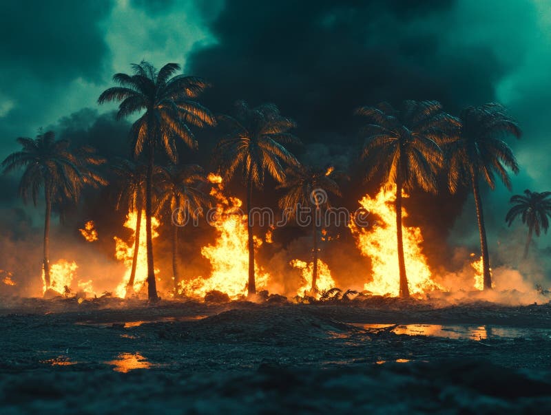 The Sky is Filled with Smoke from a Forest Fire As Palm Trees Burn ...