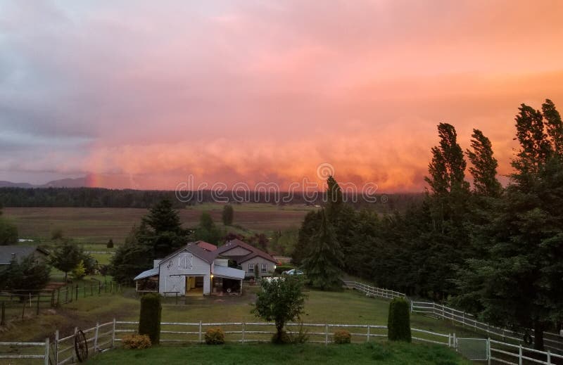Sky of Fire stock photo. Image of sunset, barn, trees - 162912752