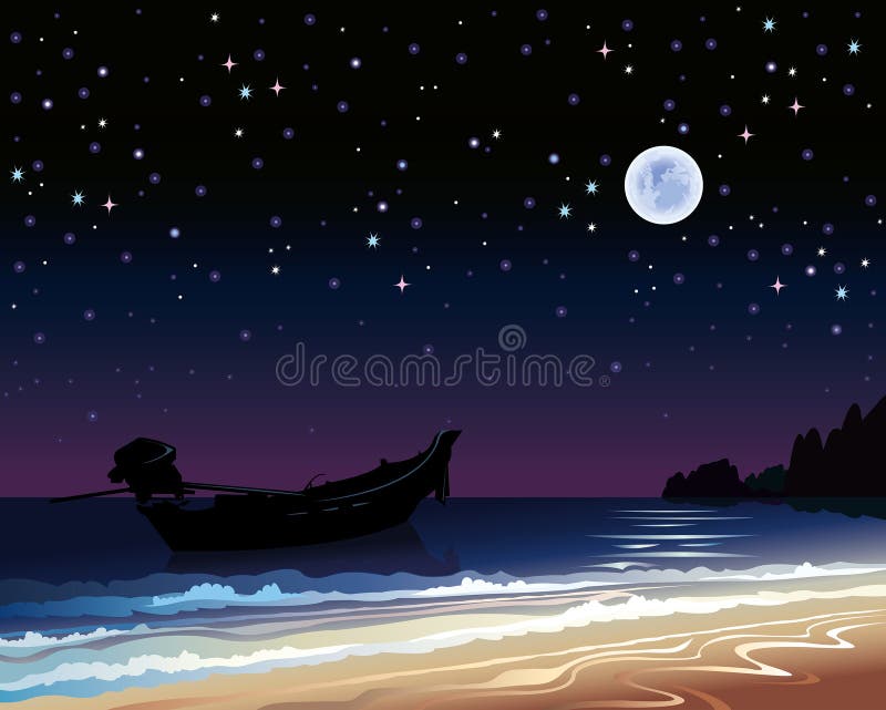 Sky with Full Moon and Boat Stock Illustration - Illustration of black ...