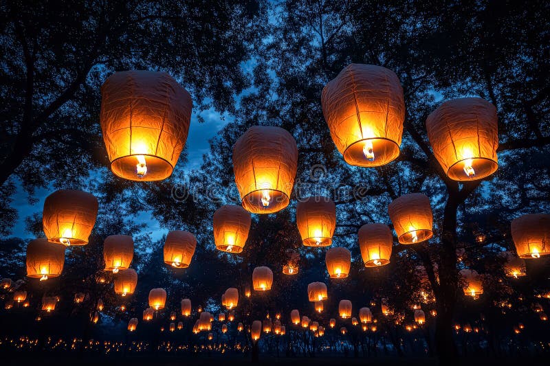 Sky Full of Red Lanterns Floating in the Air. Stock Photo - Image of ...