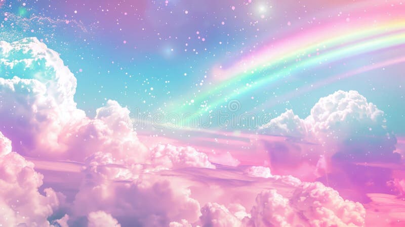 Sky Full of Stars Pink Clouds and a Rainbow in the Background with ...
