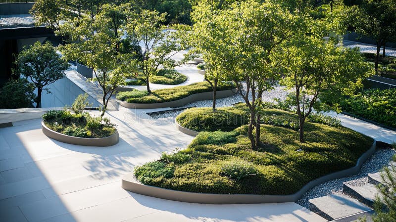 Sky Garden Terrace, Organic Layout, Small Trees in Planters. Stock ...