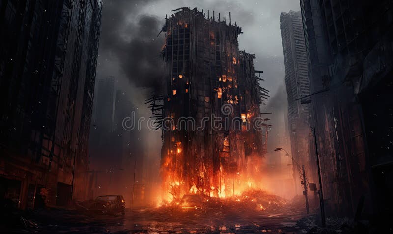 Sky-high Fire and Smoke Envelop a Skyscraper. AI Generative Stock ...