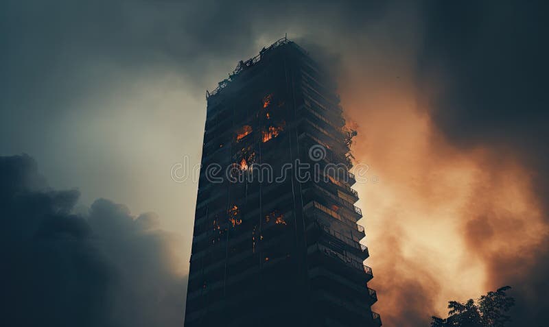 Sky-high Fire and Smoke Envelop a Skyscraper. AI Generative Stock ...