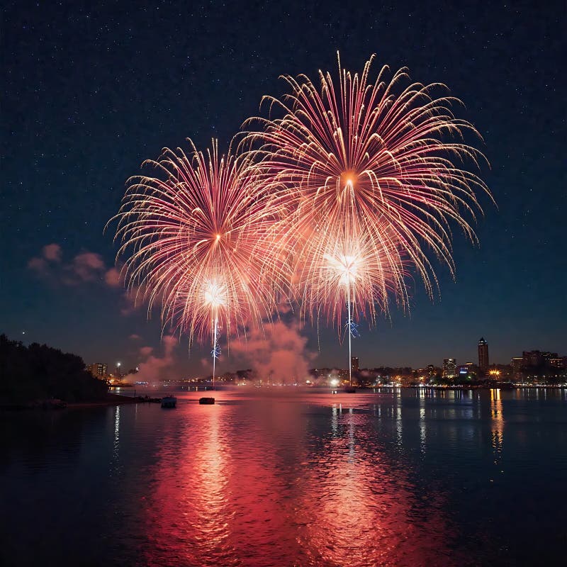 Spectacular Fireworks Explode Over the Ocean in Dazzling Hues Stock ...